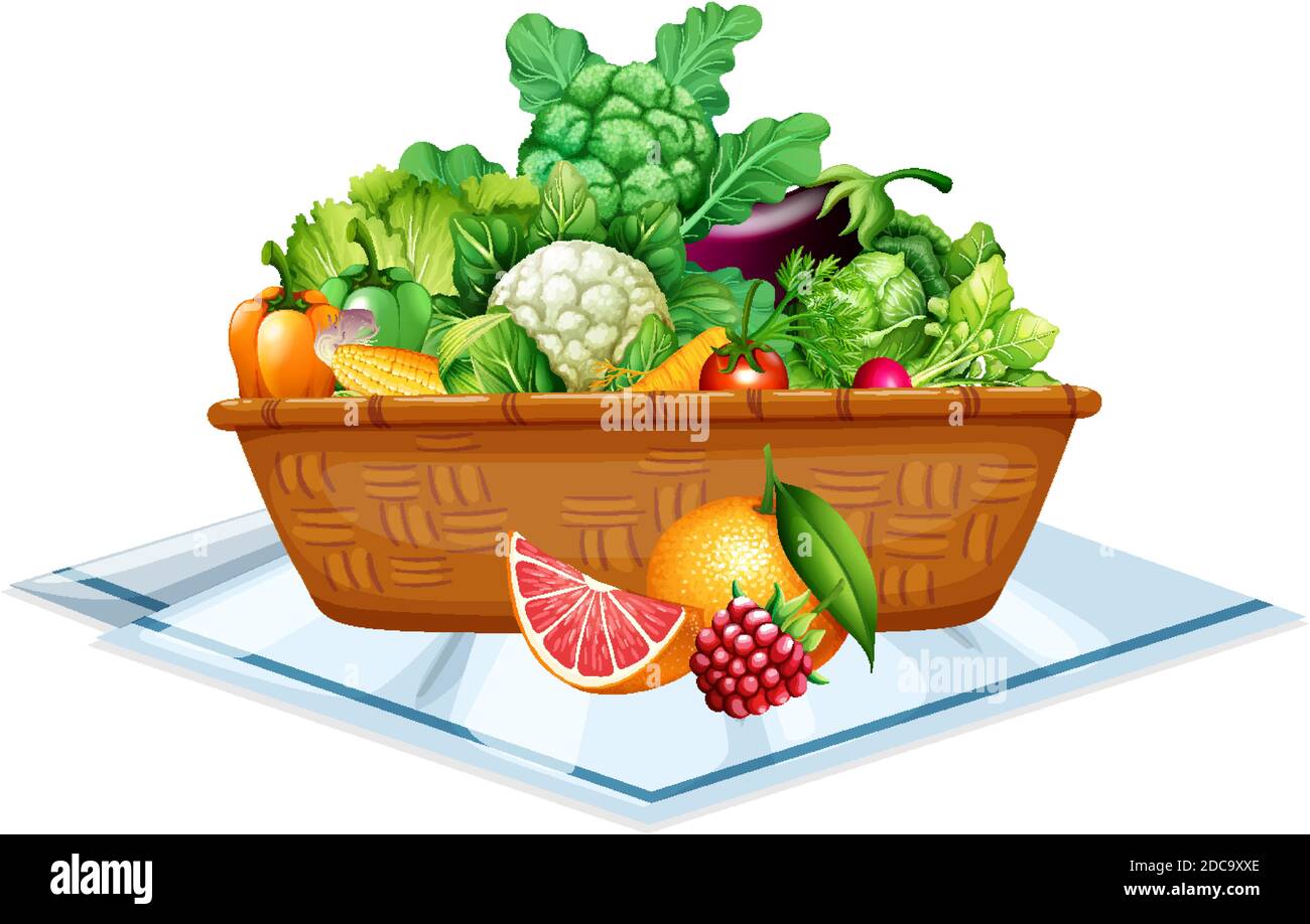 Vegetable and fruits in a basket isolated on white background ...