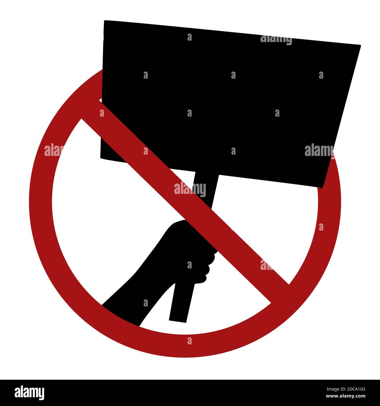 Ban on rallies. Black silhouette of a hand with a banner in a red ...
