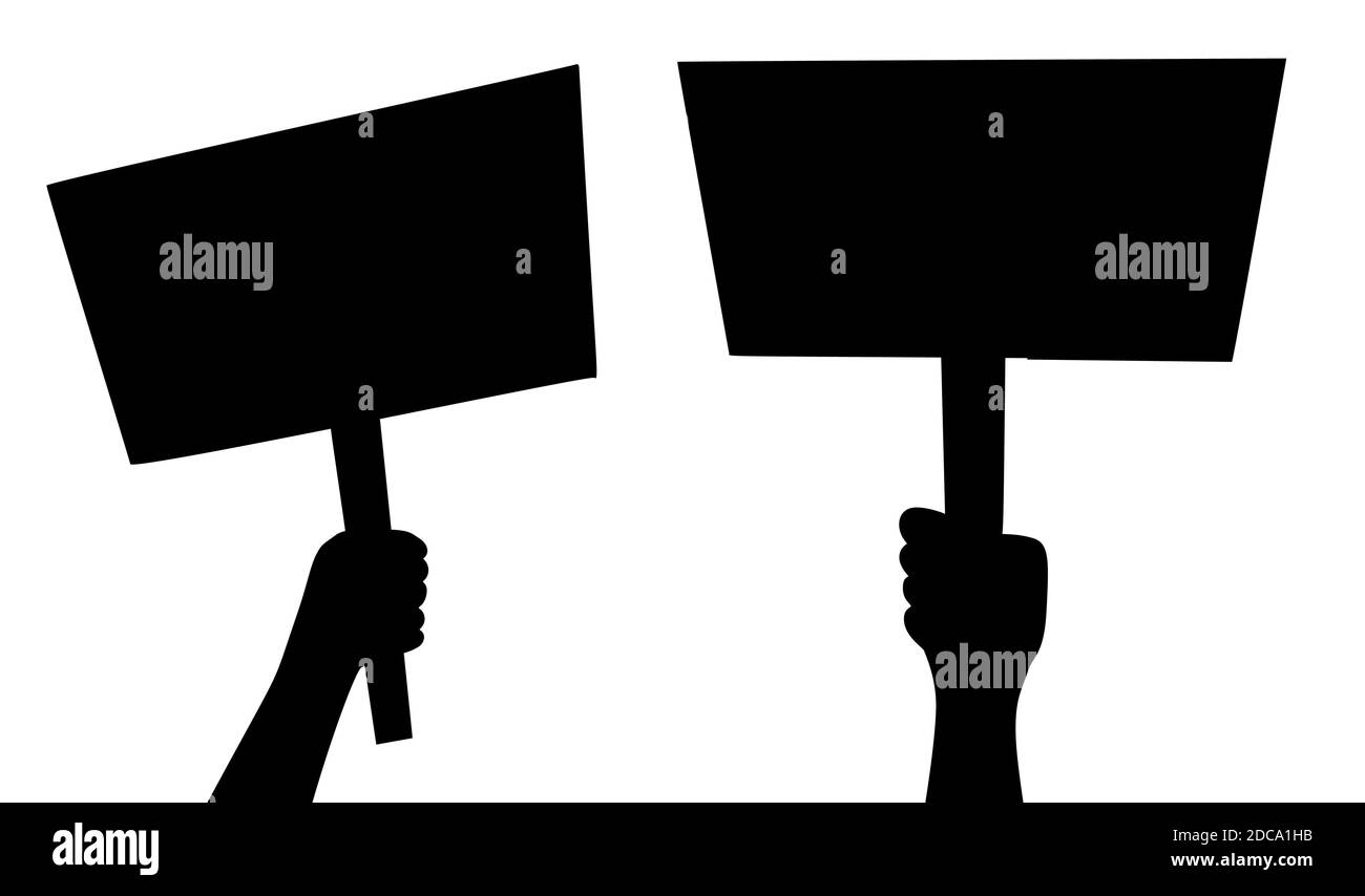 Set of black silhouette illustration of human hand with banner and ...