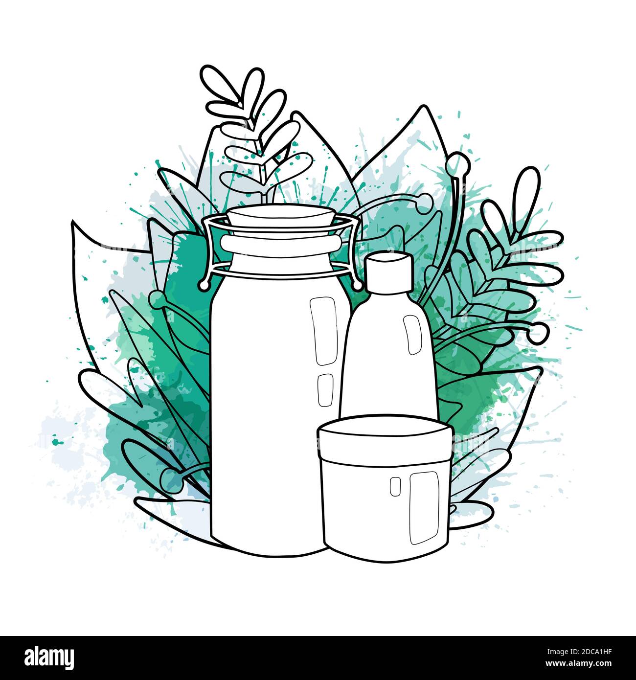Zero waste outline items with green leaves. Contour illustration of ...