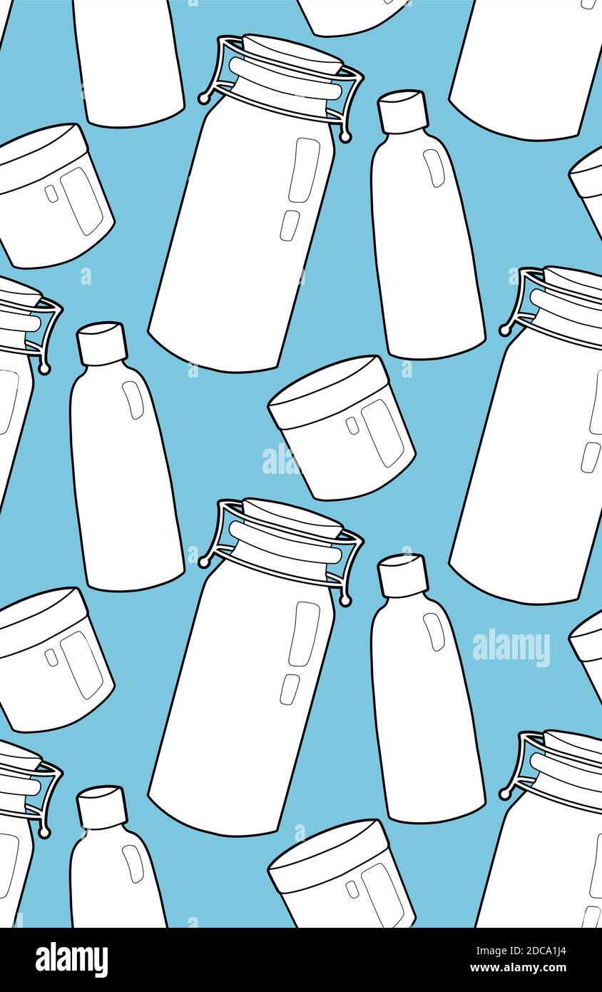 Seamless outline texture of white glass bottles and jar on blue ...