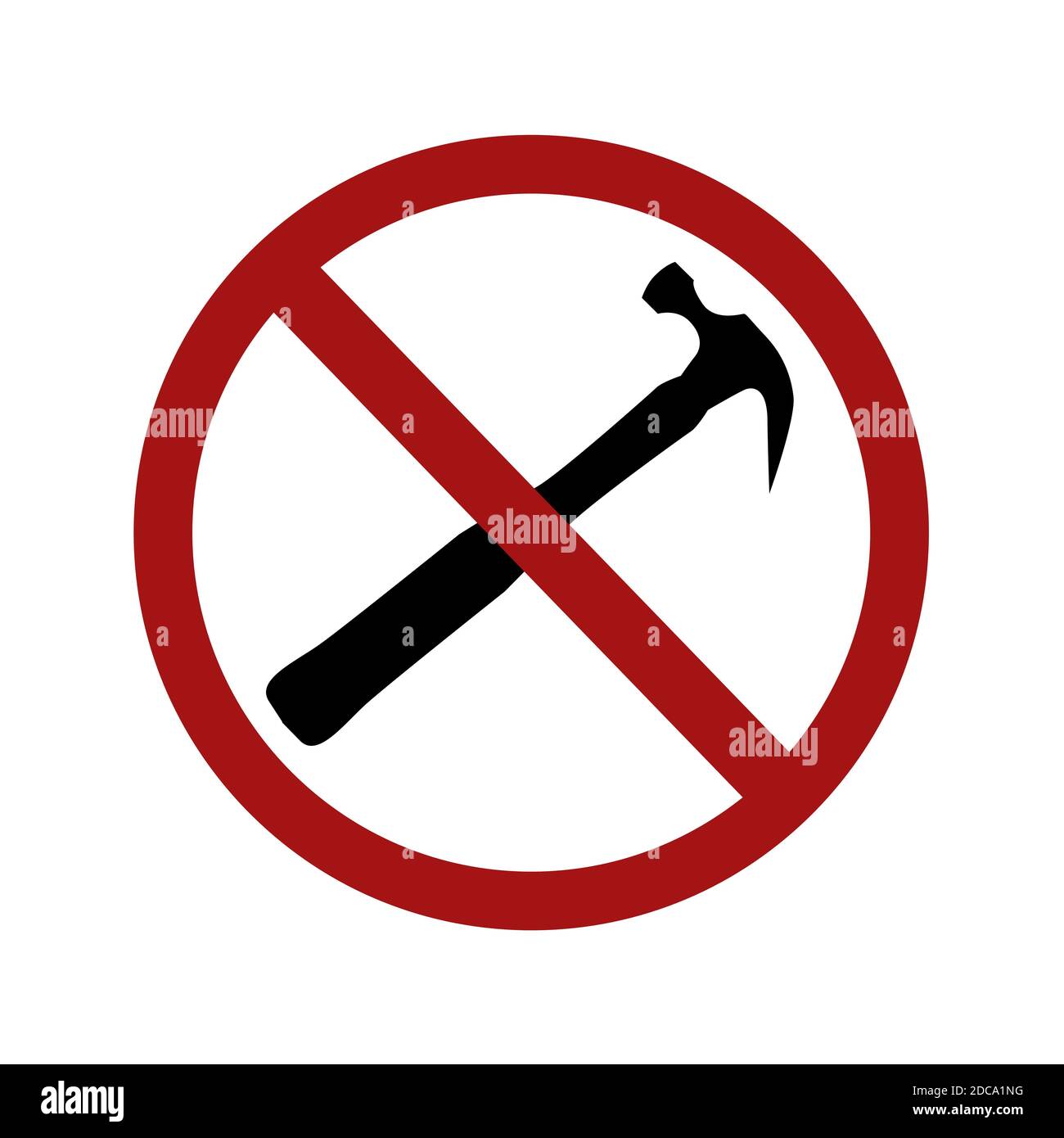 Black silhouette of hammer in red prohibition sign. The ban on noise ...