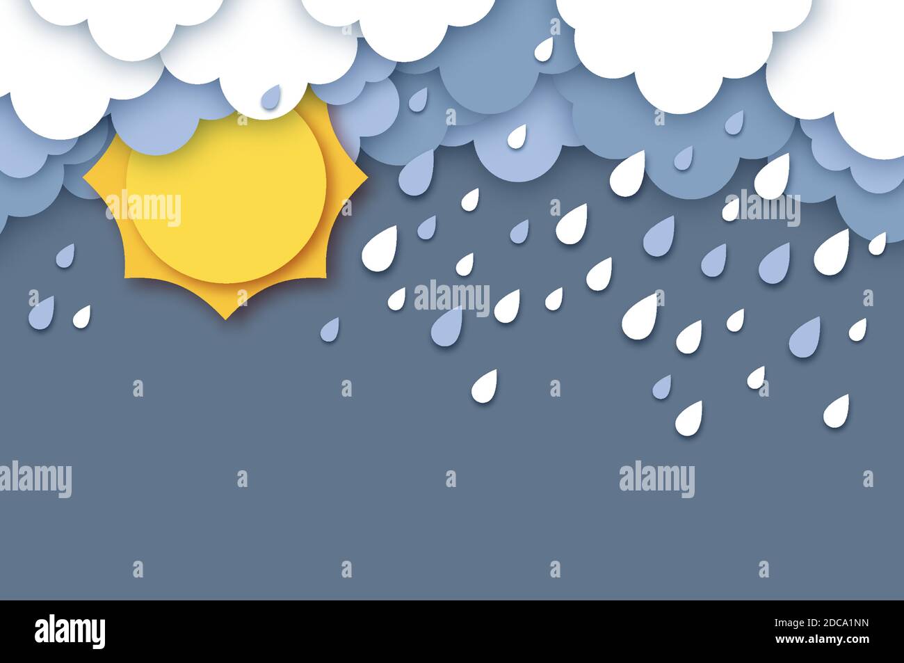 Sky with rainy clouds, sun and rain drops. Paper cut Weather Stock ...