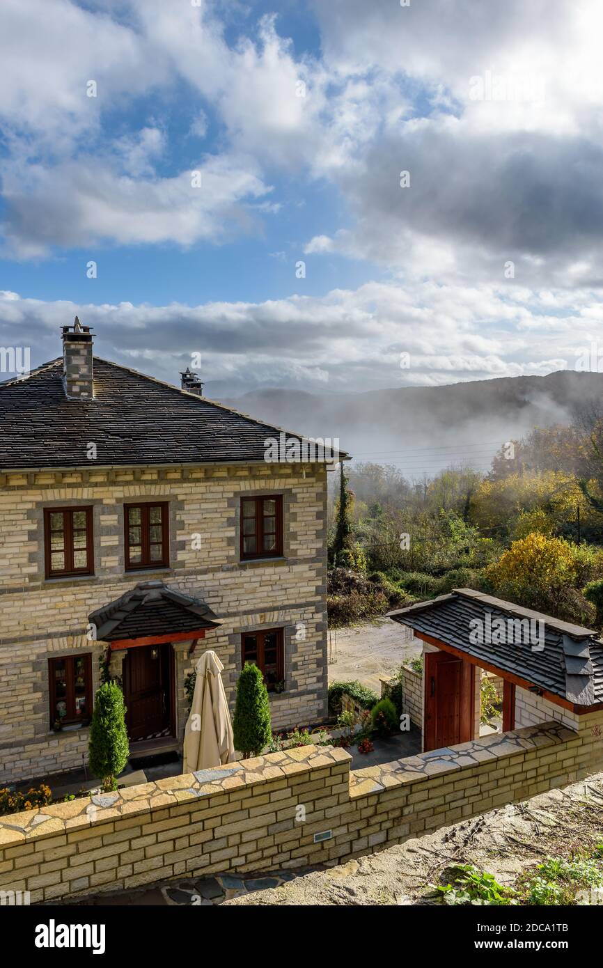 The picturesque village of Dilofo during fall season with its ...