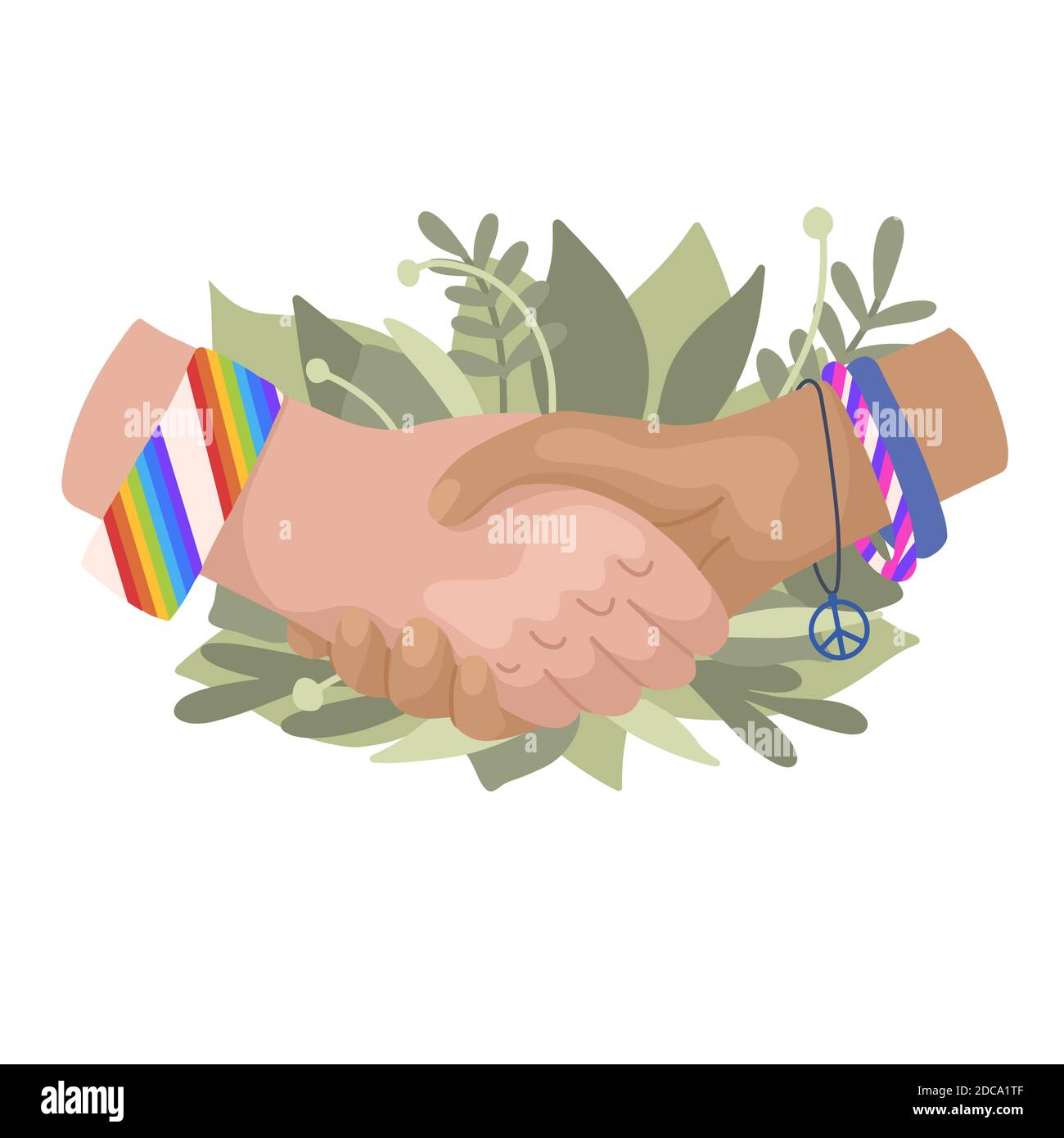 Vector flat illustration of shaking hands with rainbow bracelets and ...