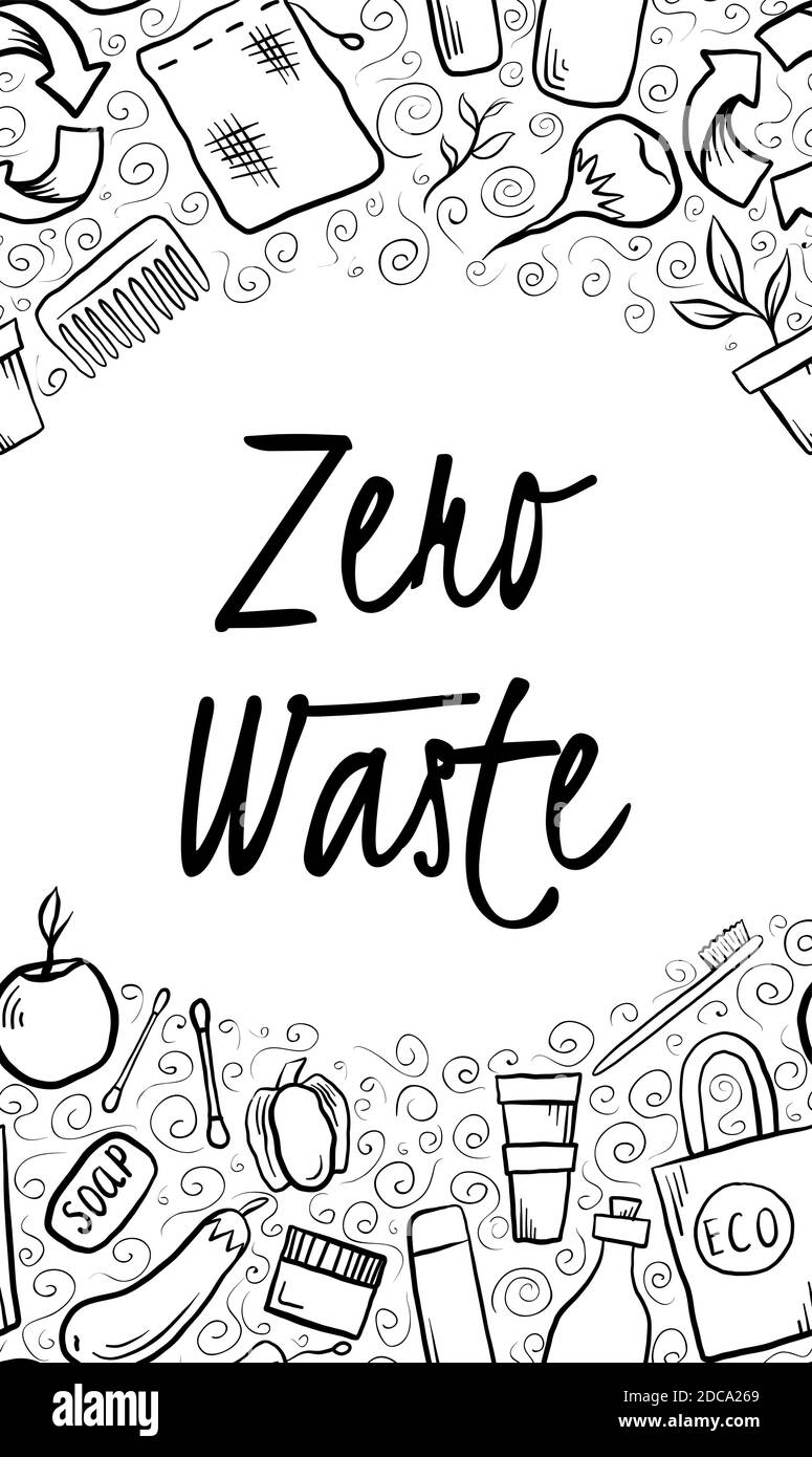 Vertical card with hand drawn Zero Waste objects, curl pattern and ...
