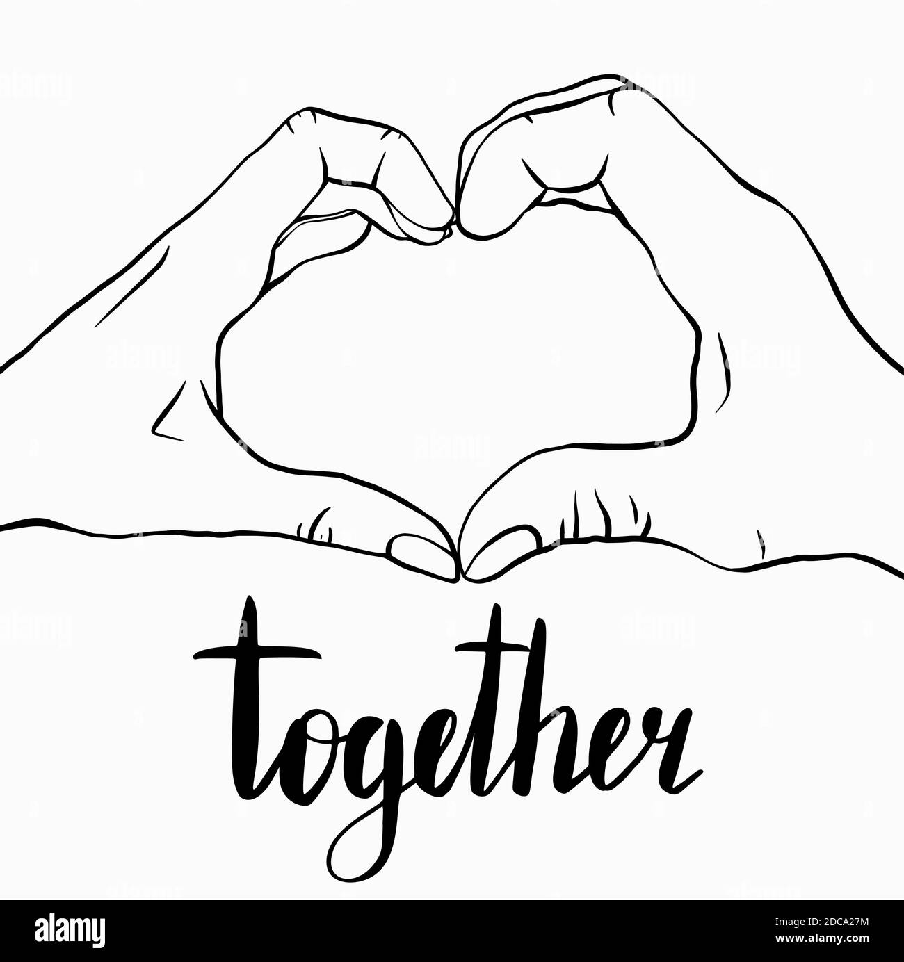 Together. Outline illustration of two hands with heart shape and ...