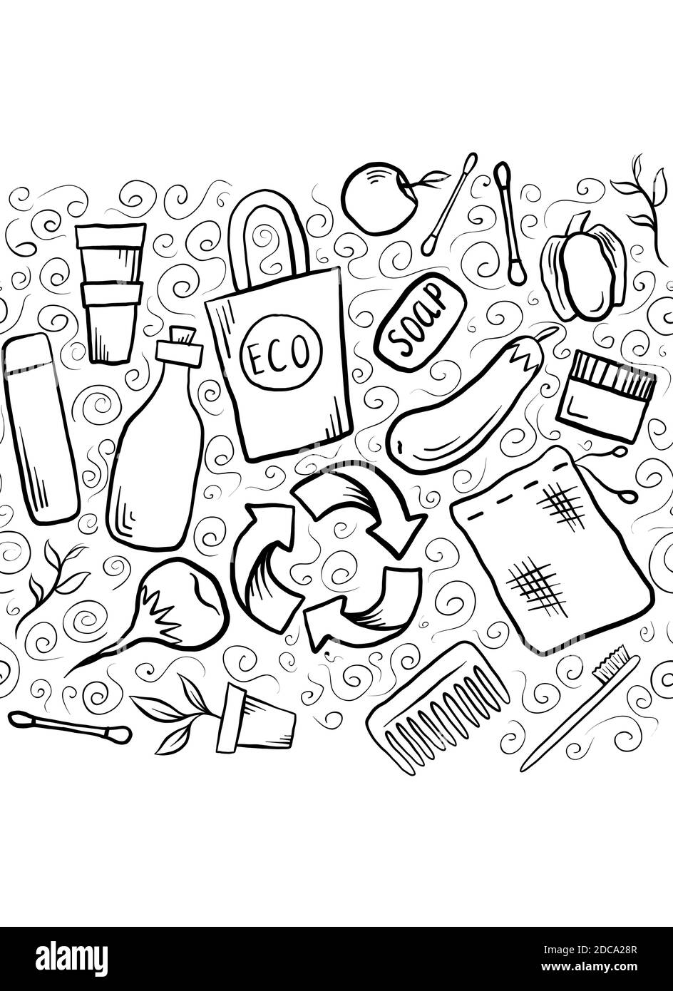 Zero waste. Seamless border with eco objects, vegetables, foliage and a ...