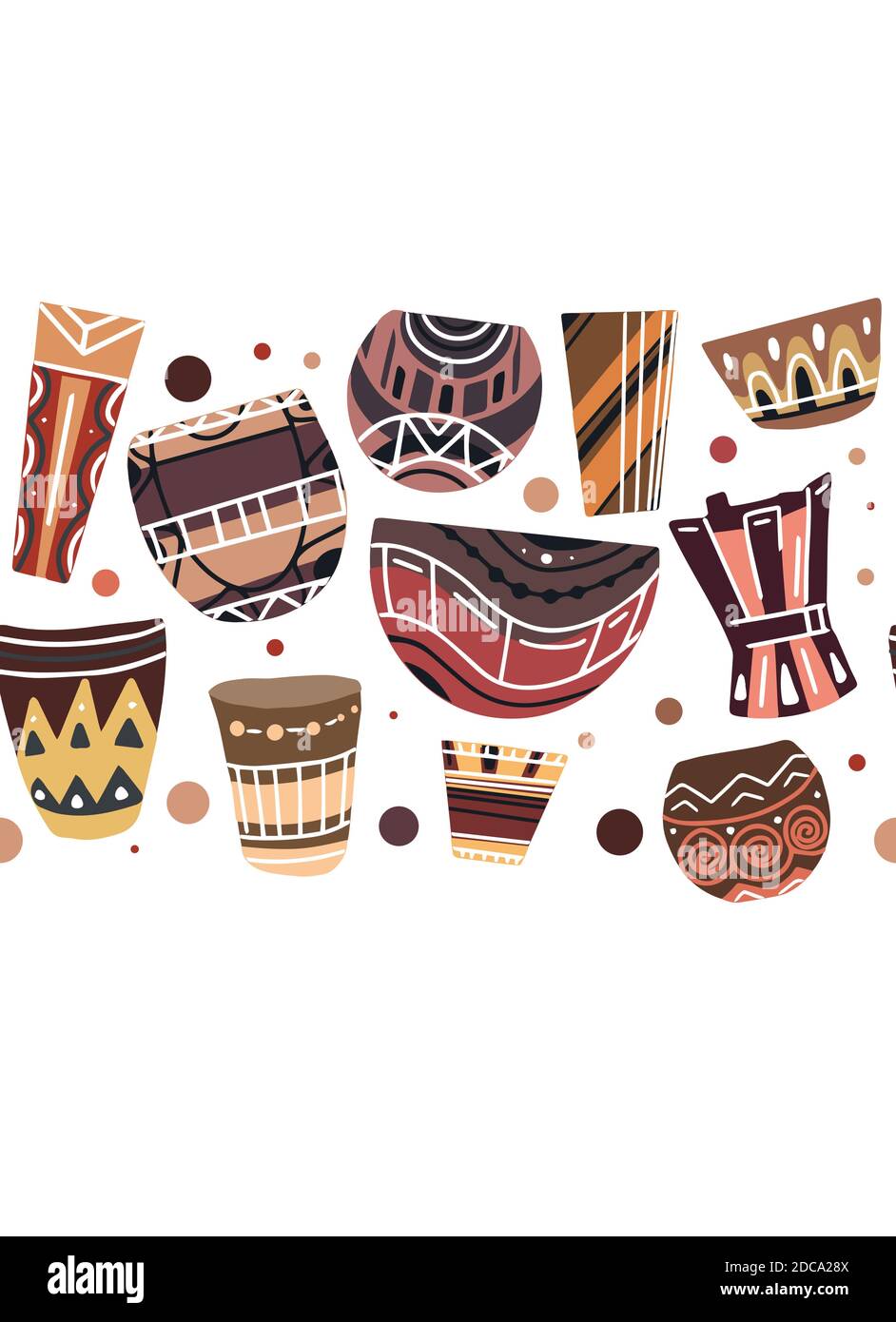 Seamless border of decorated clay pots and vases. Flat Pottery products ...