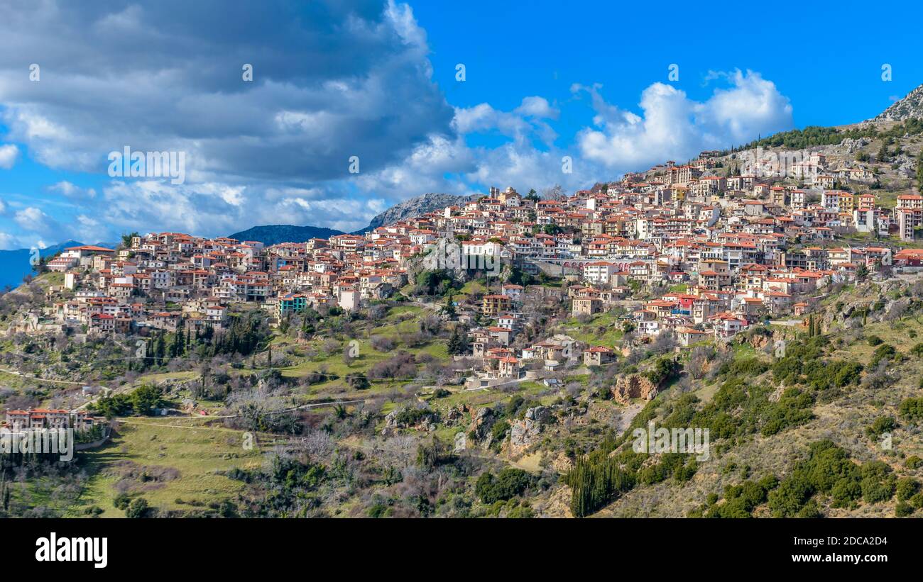 Scenic view of the famous winter resort of Arachova on mountain ...