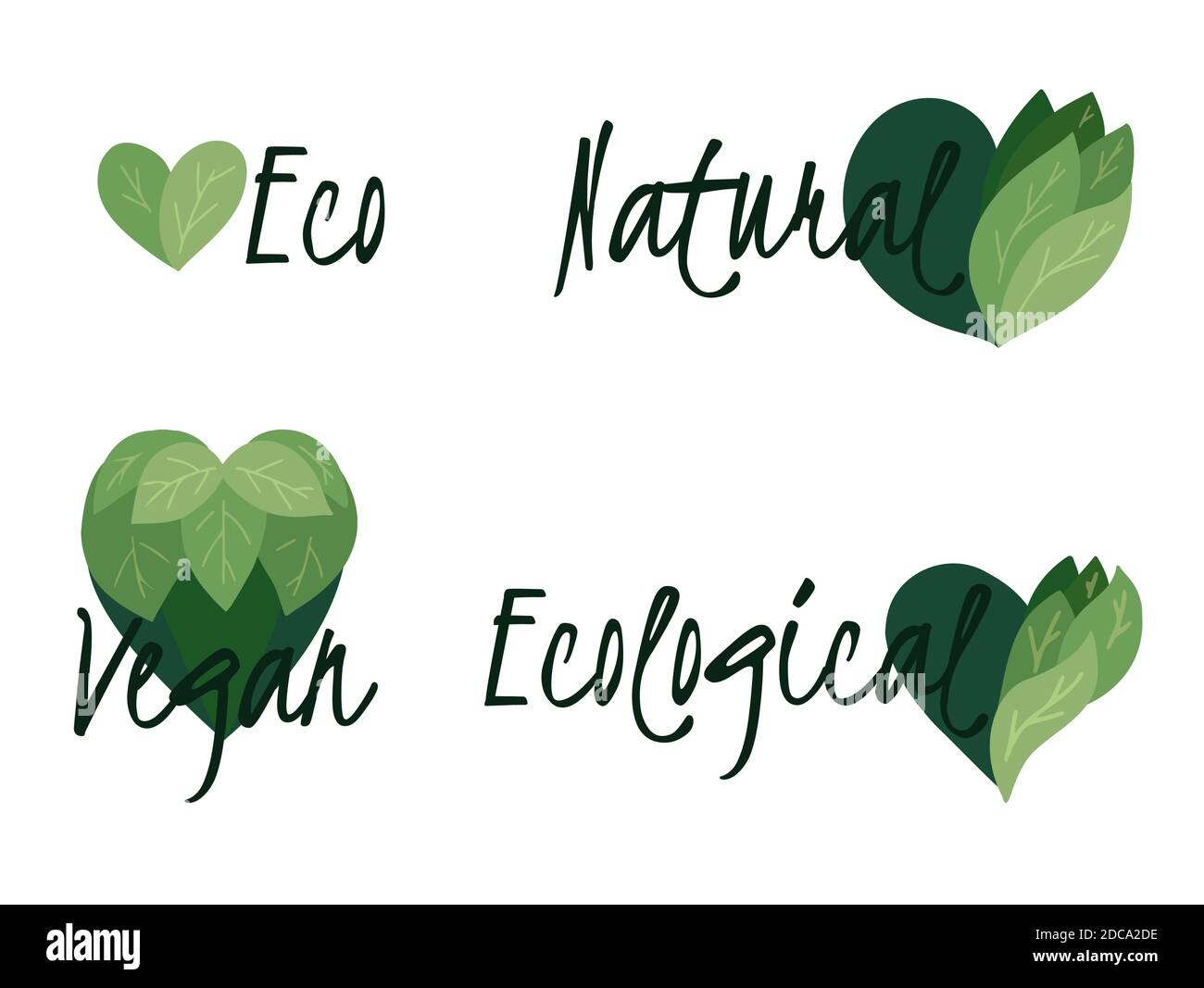 Set of environmental badges with flat hearts made of leaves. Vegan ...