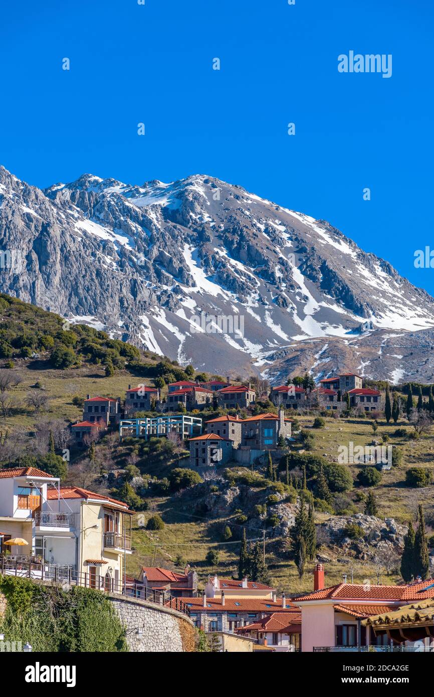 Scenic view of the famous winter resort of Arachova on mountain ...
