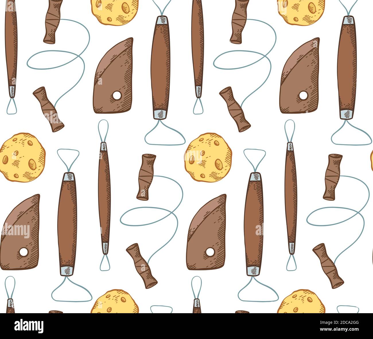 Seamless pattern with colored sketch tools for pottery on white ...