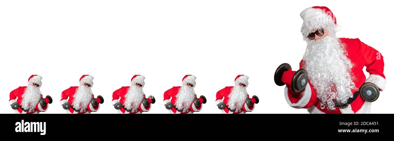 Santa Clauses working out, lifting dumbbells and doing bicep curls ...