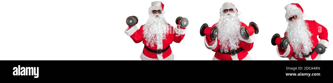 Three Santa Clauses working out, pushing and lifting dumbbells, doing ...