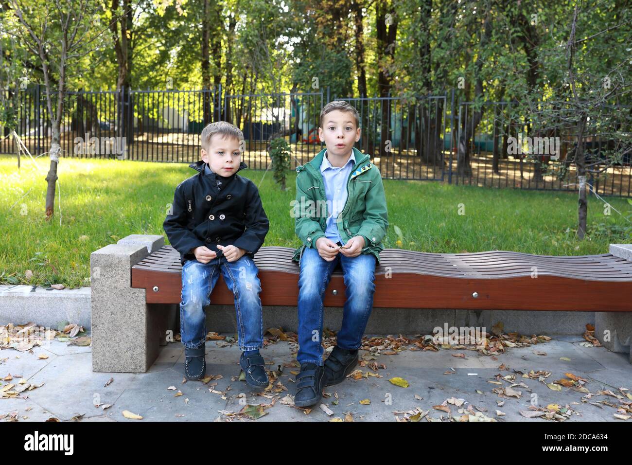 Two brothers sitting on wooden bench in park Stock Photo - Alamy
