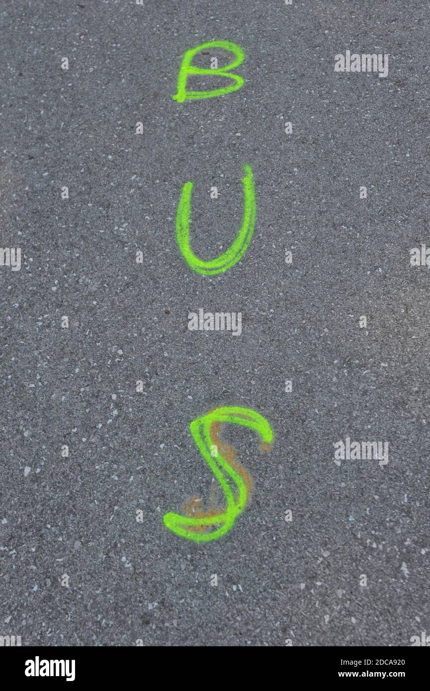 green and handwritten bus lane mark on the street asphalt Stock Photo ...