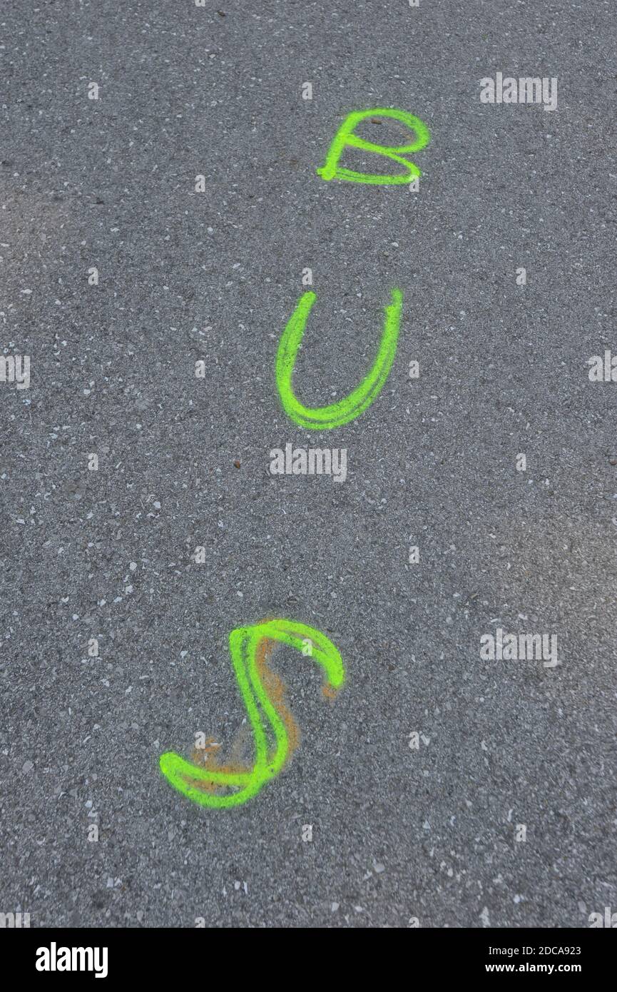 green and handwritten bus lane mark on the street asphalt Stock Photo ...