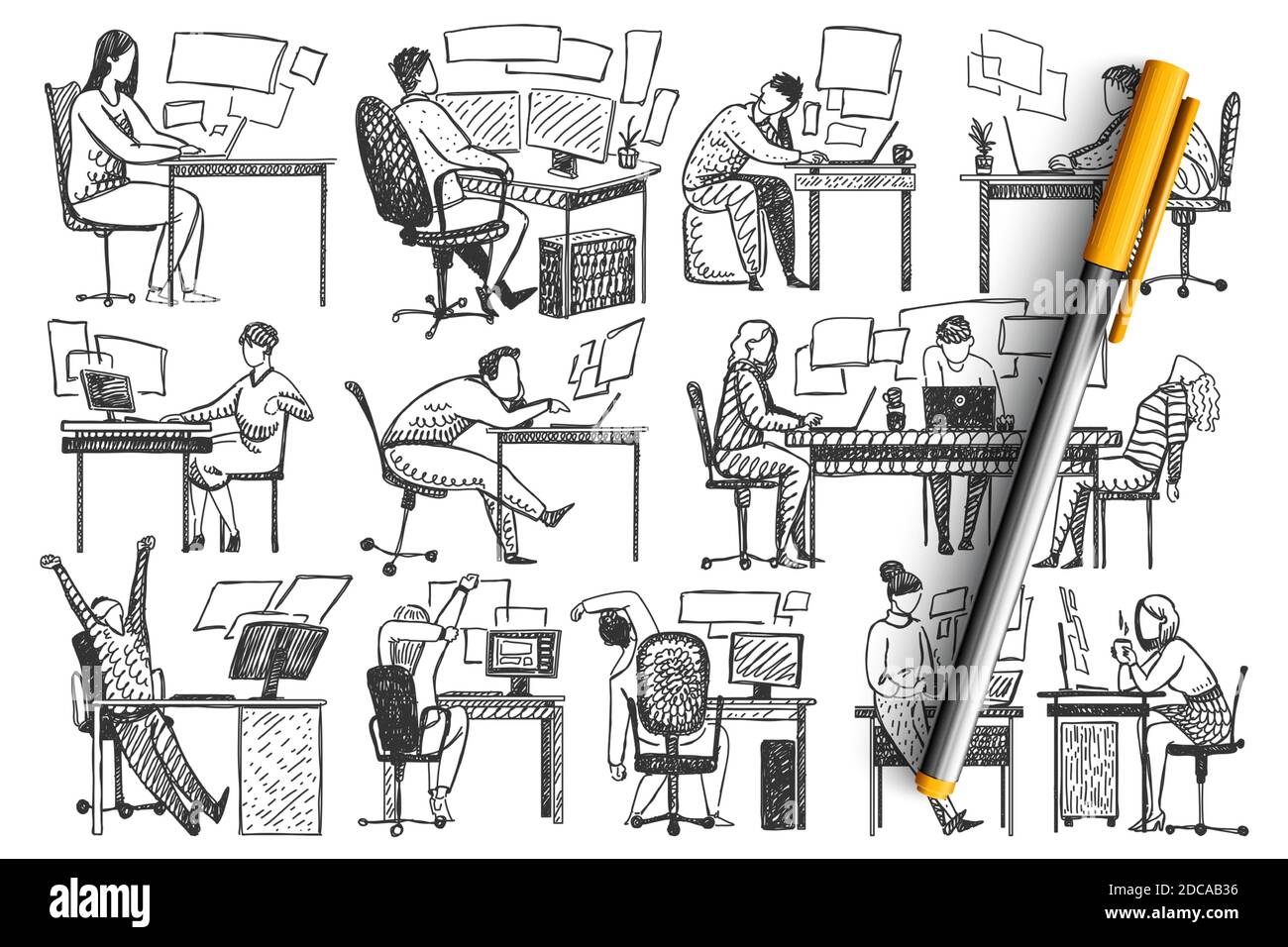 People in office doodle set. Collection of hand drawn businessmen women ...