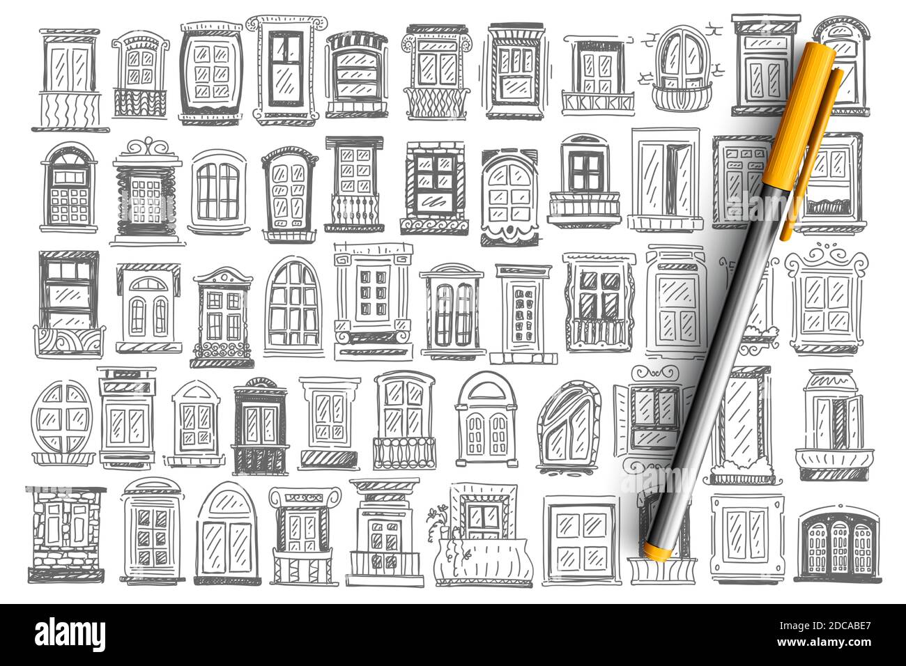 Balcony doodle set. Collection of hand drawn of different size window ...