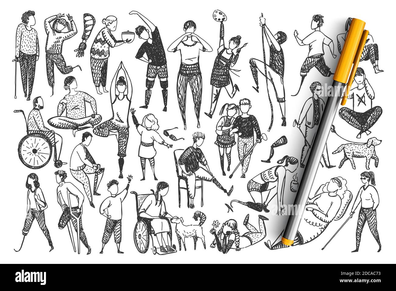 Disabled people doodle set. Collection of hand drawn handicapped men ...
