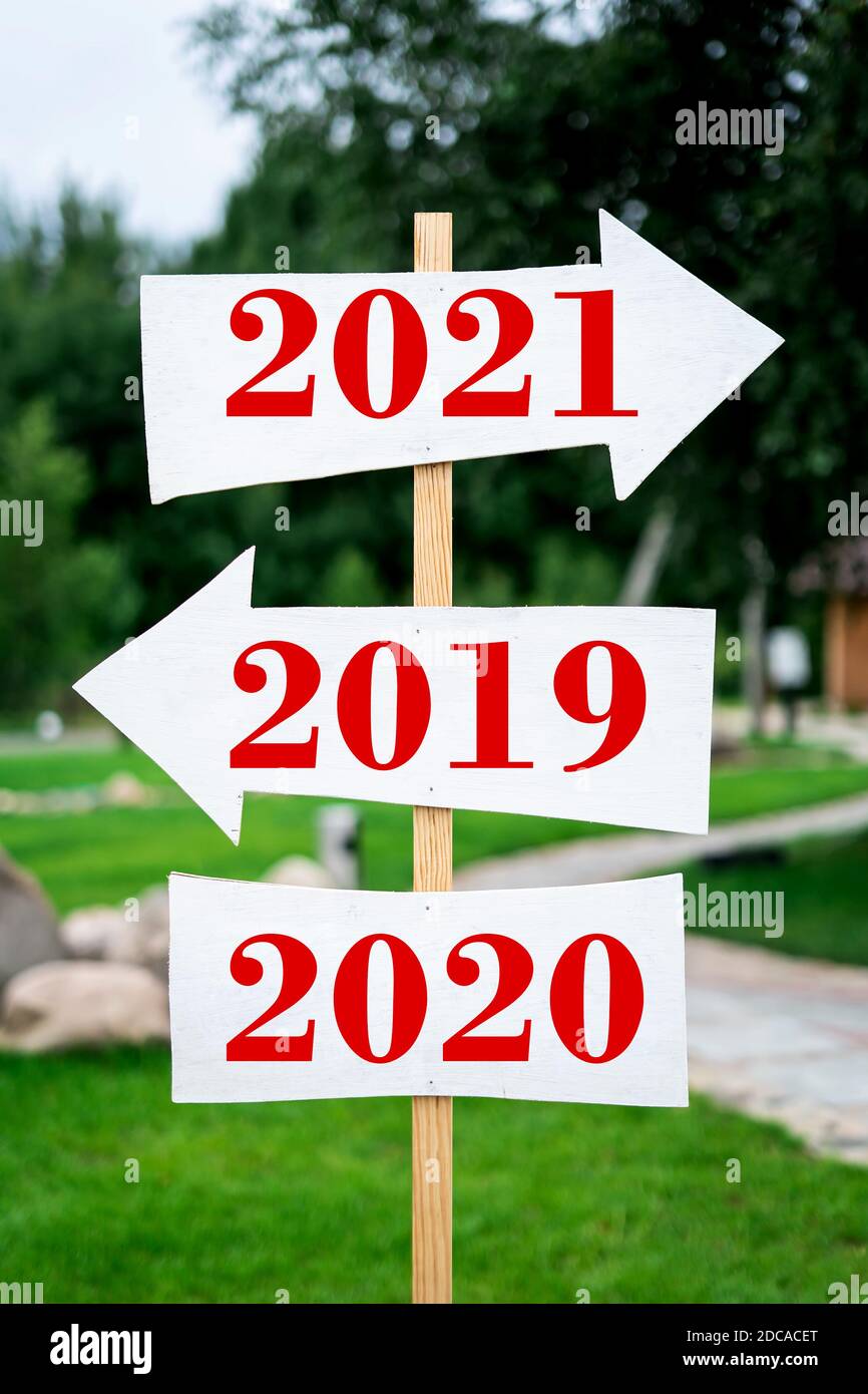 sign indicating the future and last year 2021 Stock Photo - Alamy