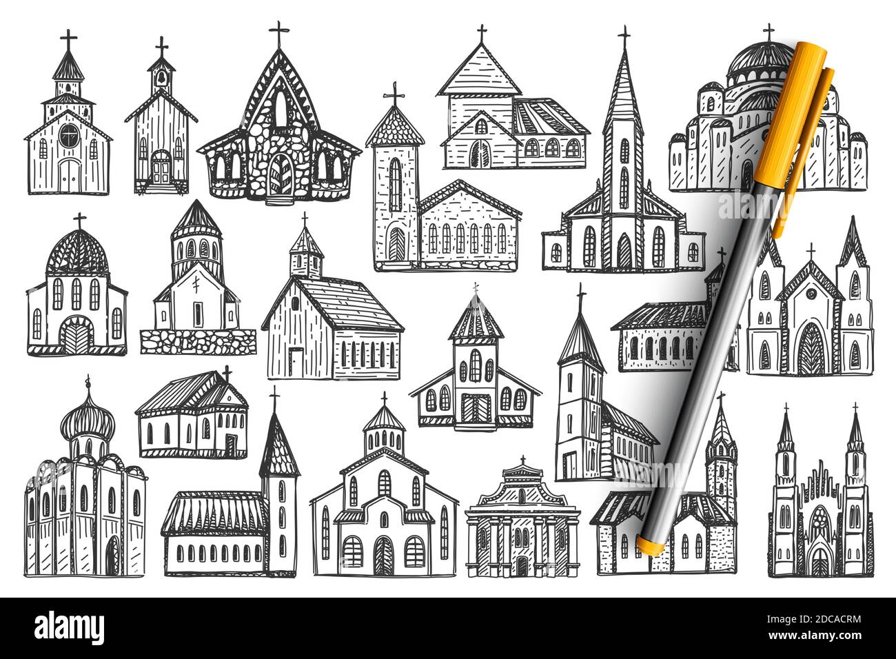 Buildings doodle set. Collection of chalk pencil hand drawn of european ...