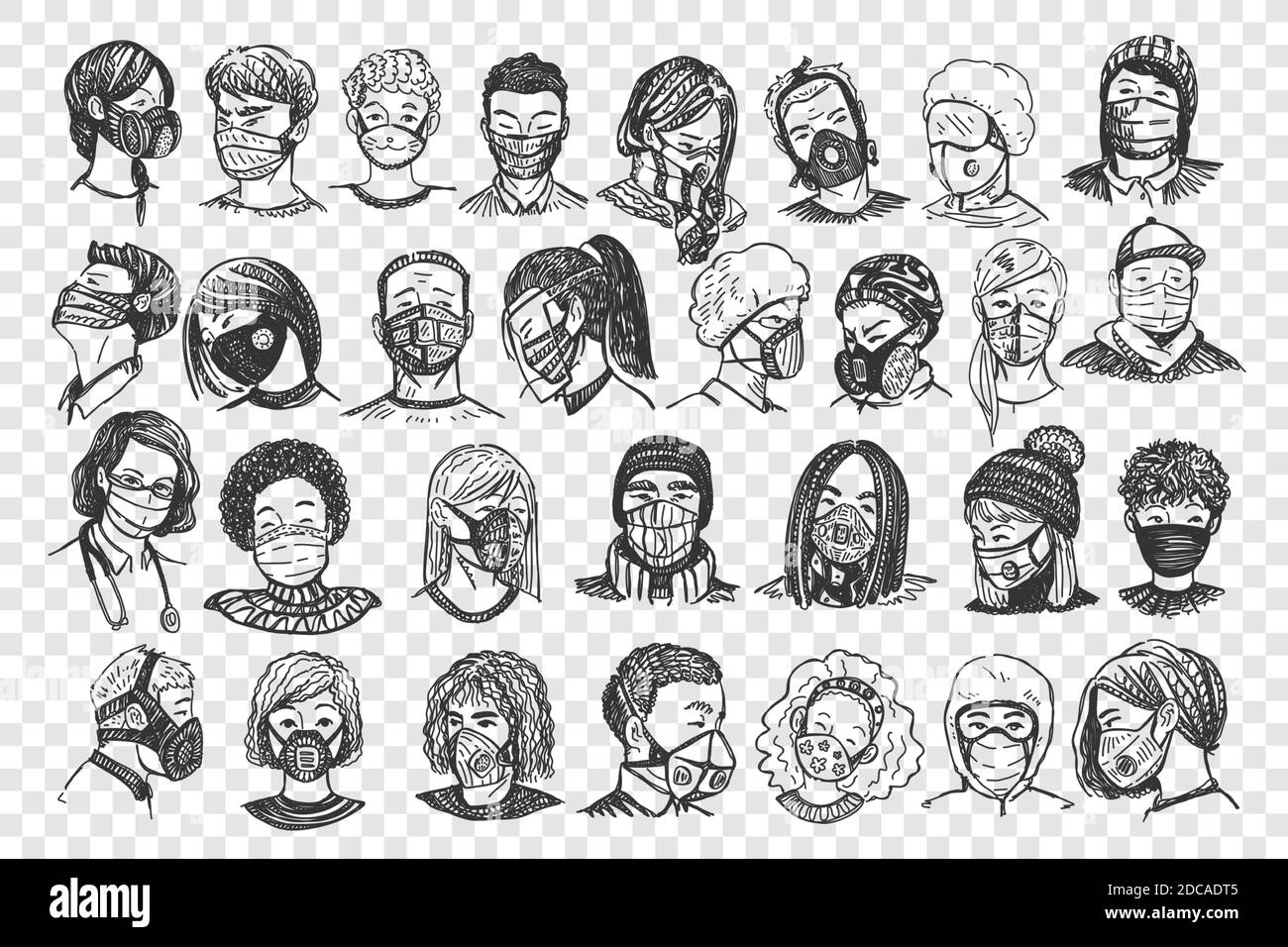 People with masks doodle set. Collection of hand drawn men women ...
