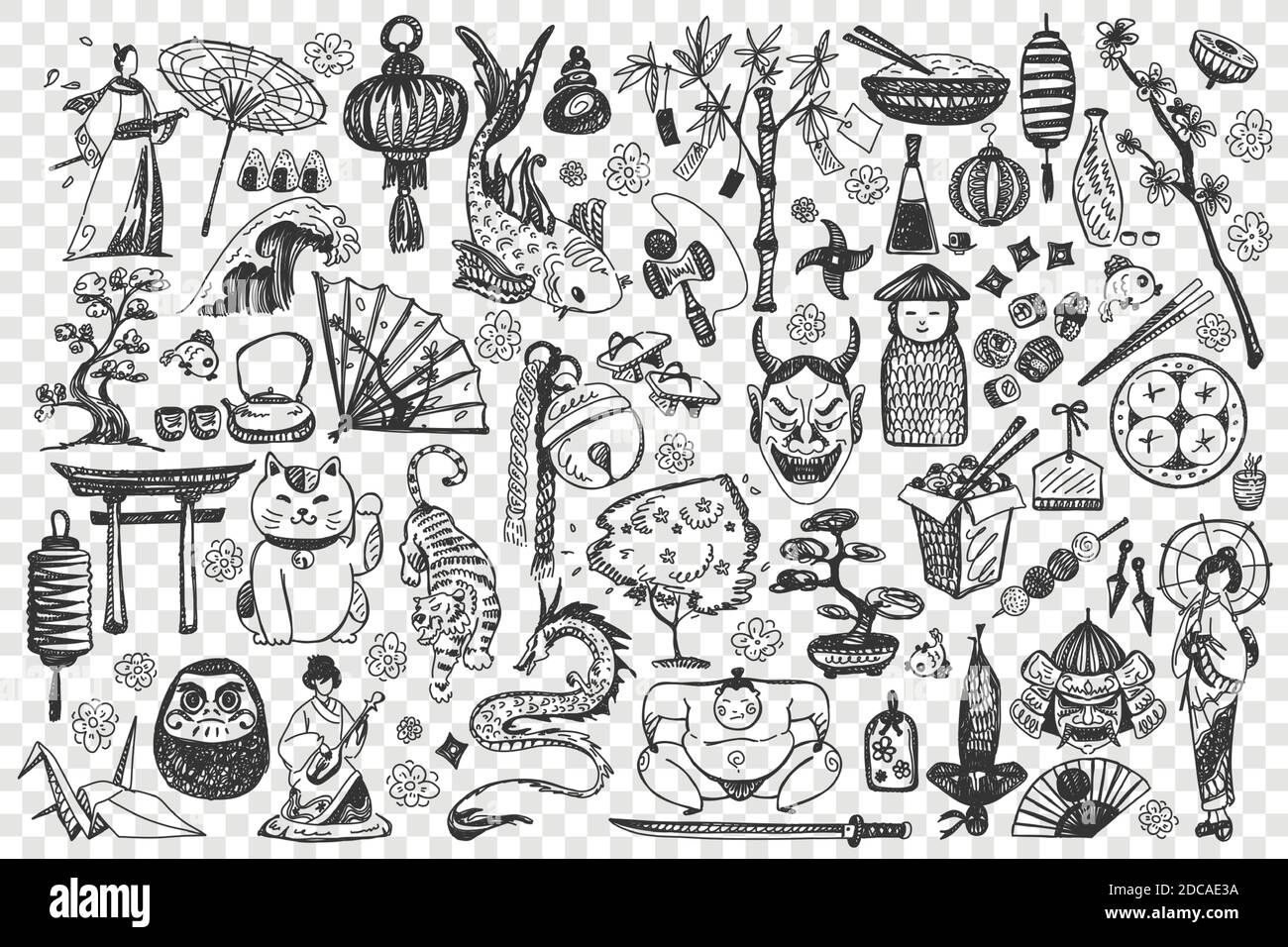 China doodle set. Collection of chalk pencil hand drawn sketches ...