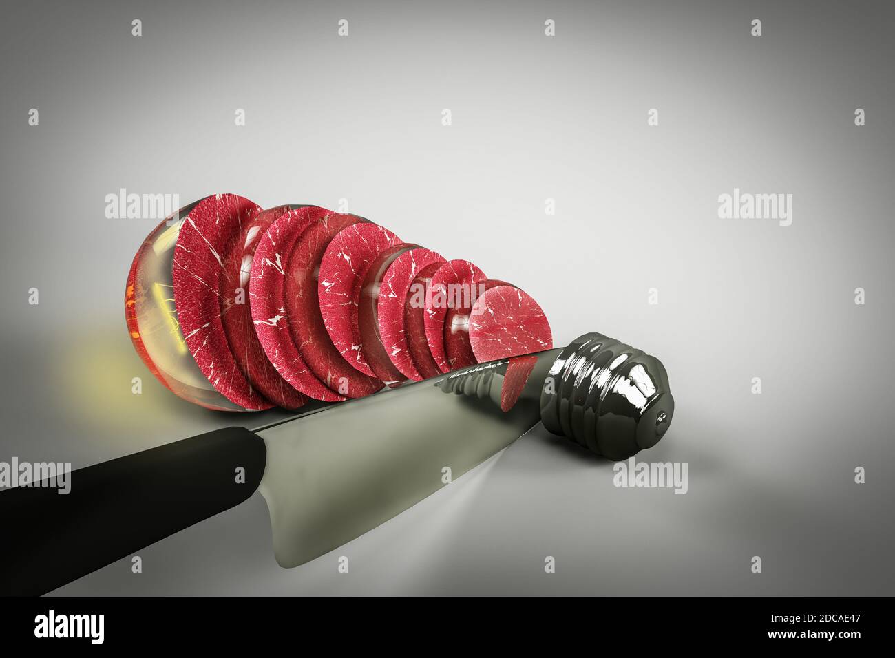 Close up of raw beef steak in the shape of a bulb is cutting with a ...