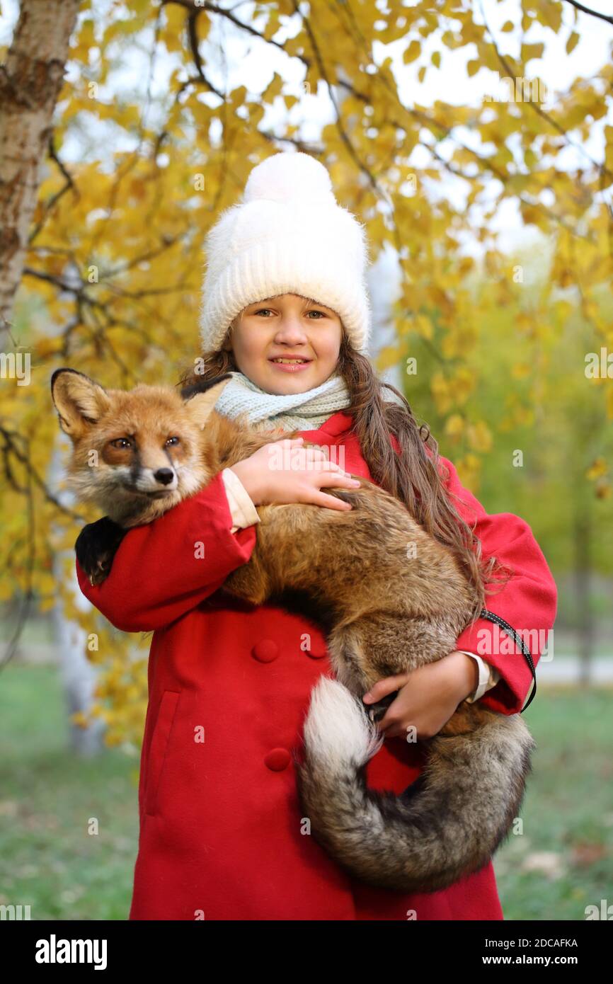 Girl holding fox in her arms in autumn park Stock Photo - Alamy