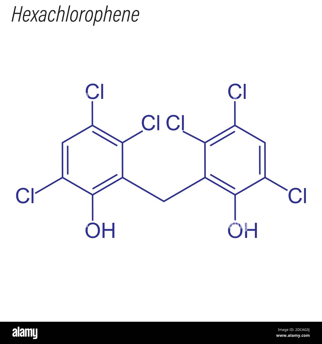 Skeletal formula of Hexachlorophene. Antimicrobial chemical molecule ...