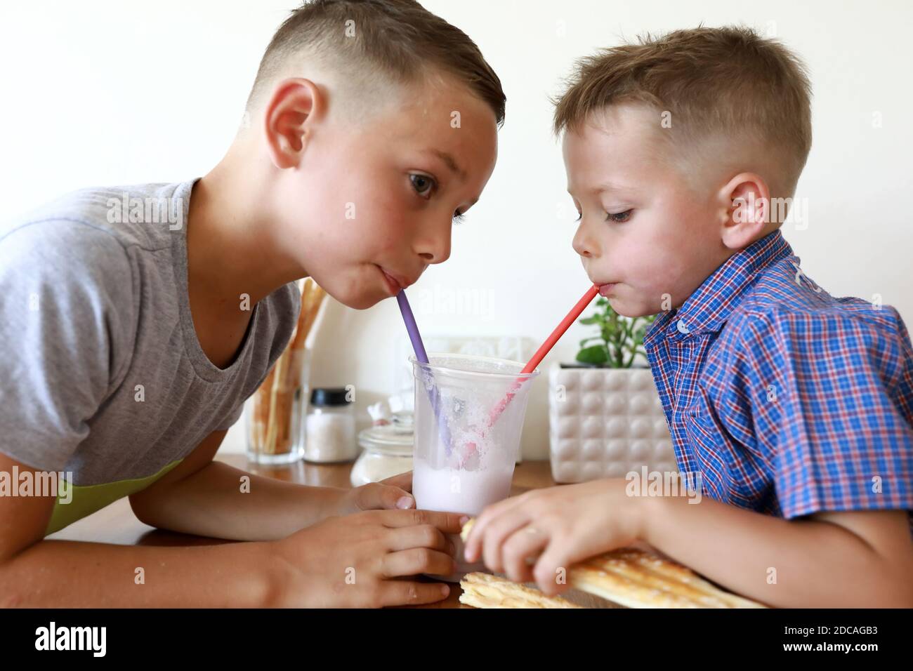 Brothers drinking vanilla milkshake in a cafe Stock Photo - Alamy