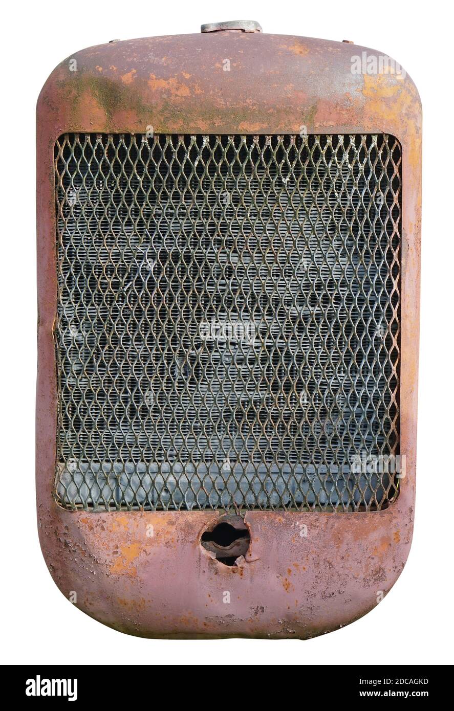 Rusty red painted radiator of a vintage agricultural tractor. Isolated ...