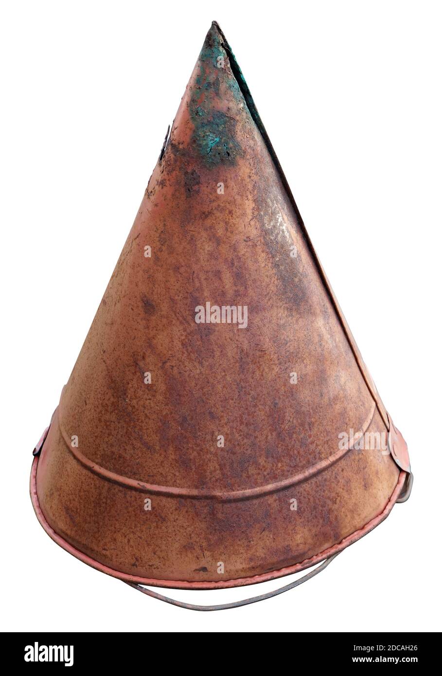 Old rusty triangular water bucket during a fire. Isolated on white ...