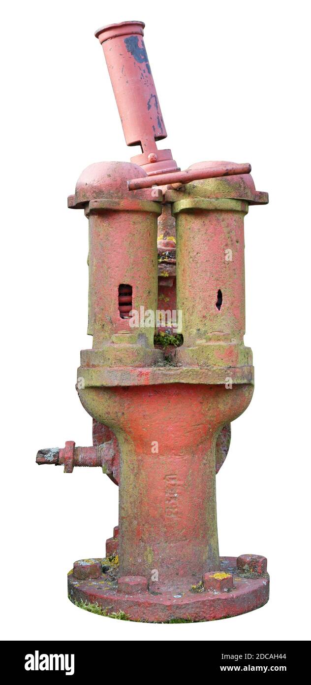 Red pipe and horn of an old vintage steam locomotive isolated on white ...