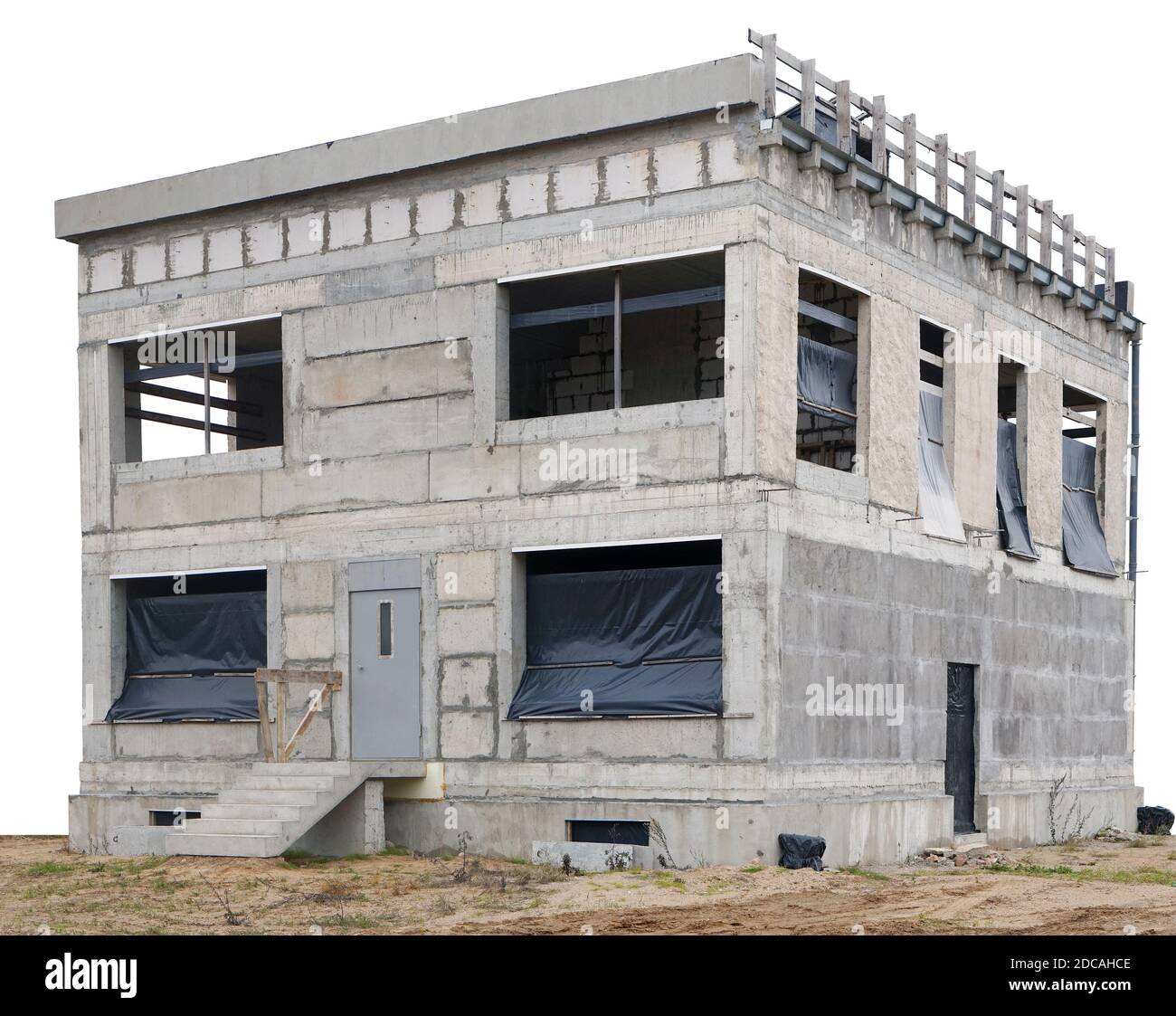 The building of unfinished rural house from concrete blocks. Isolated ...