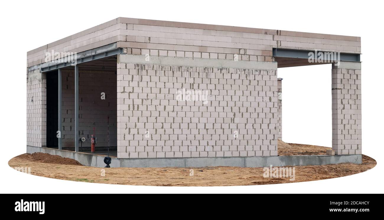 The building of unfinished rural house from white bricks. Isolated on ...