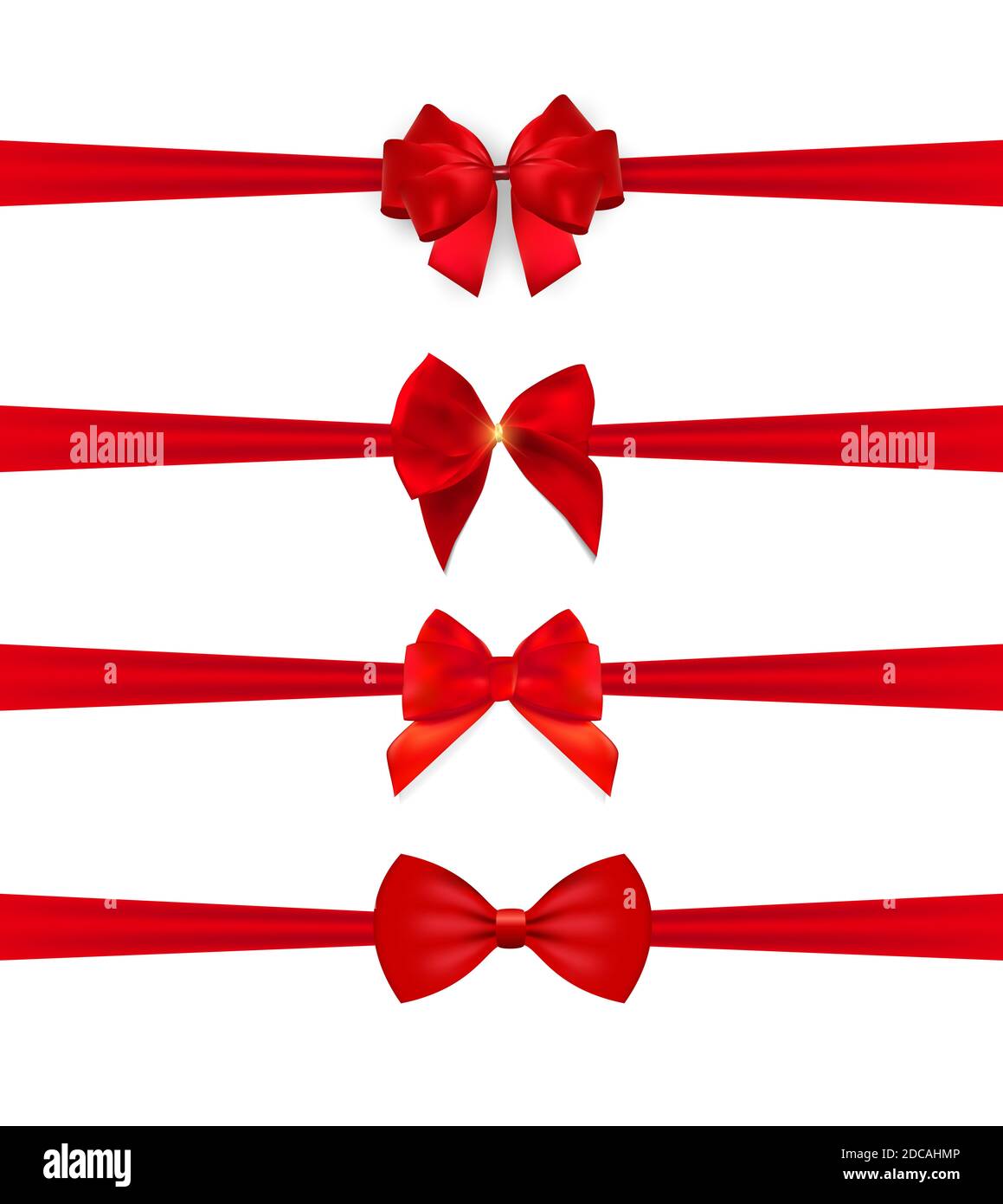 Collection Set of red bows with horizontal ribbon isolated on white ...