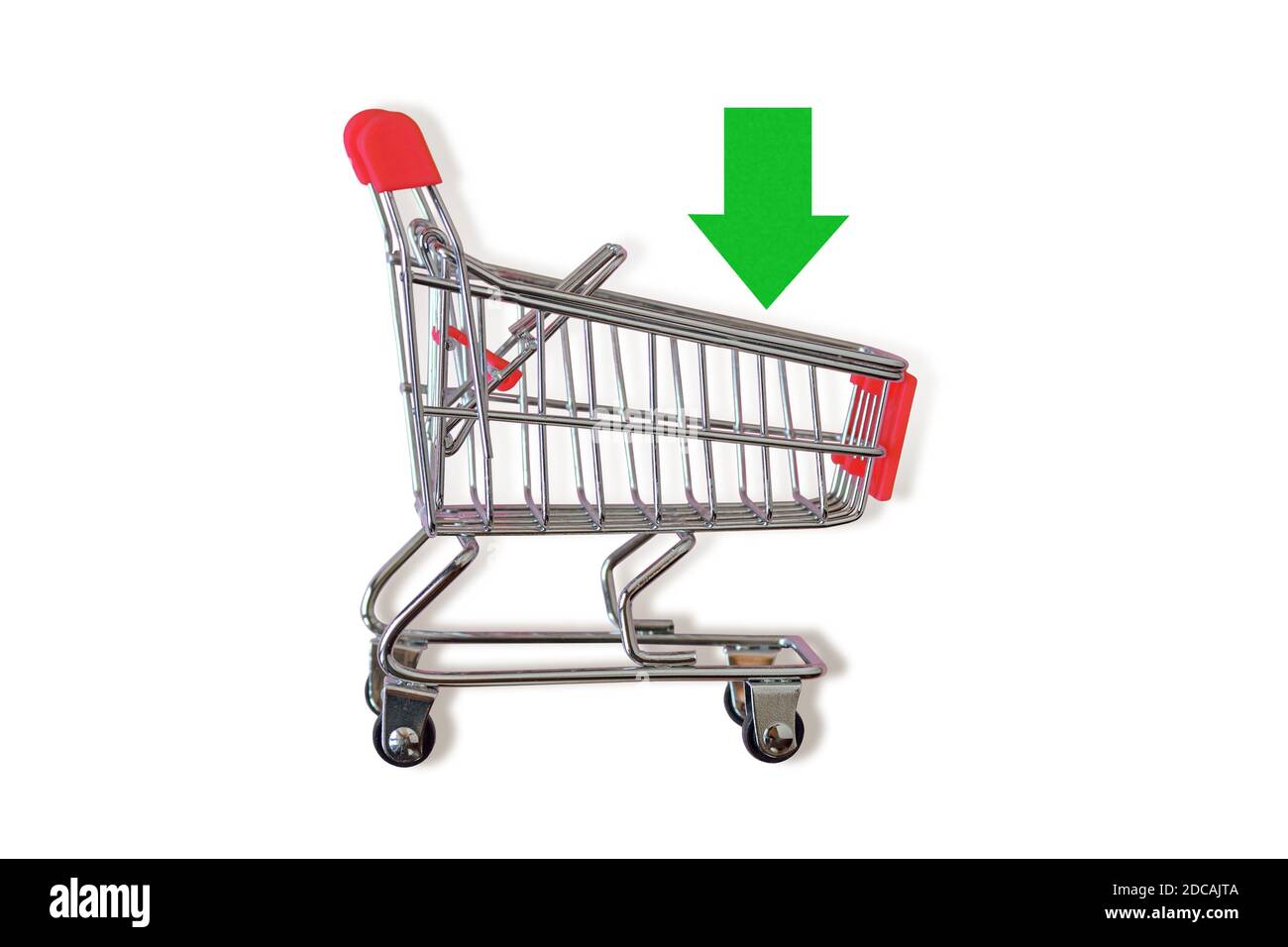 Shopping cart with green downward arrow on white background - Concept ...
