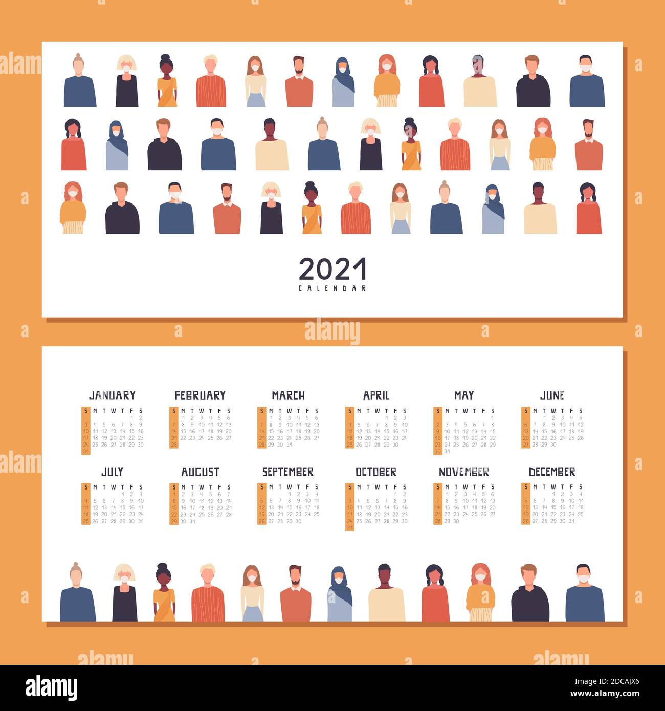 Happy New Year 2021. Horizontal wall, desk or table calendar. People of ...