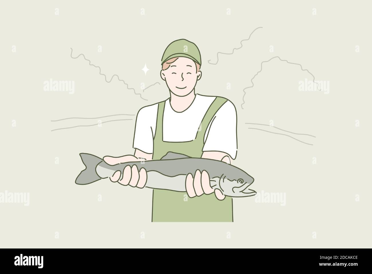 Hobby, fishing, caught concept. Young happy smiling boy angler ...