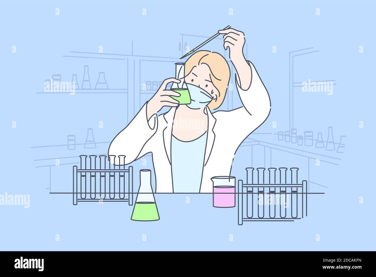 Science, chemistry, experiment concept. Young happy woman scholar ...