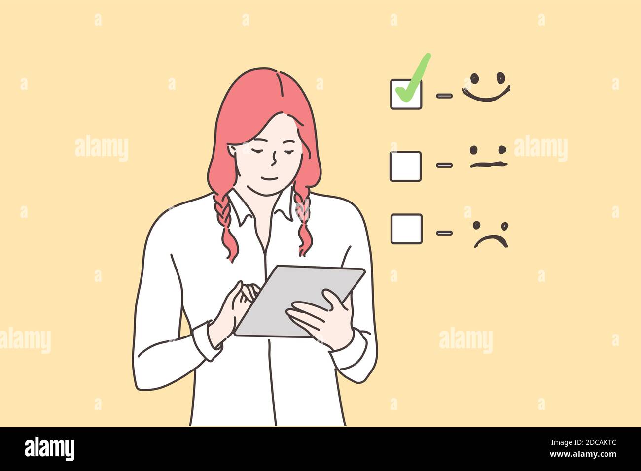 Customer assessment, business concept. Young happy smiling ...