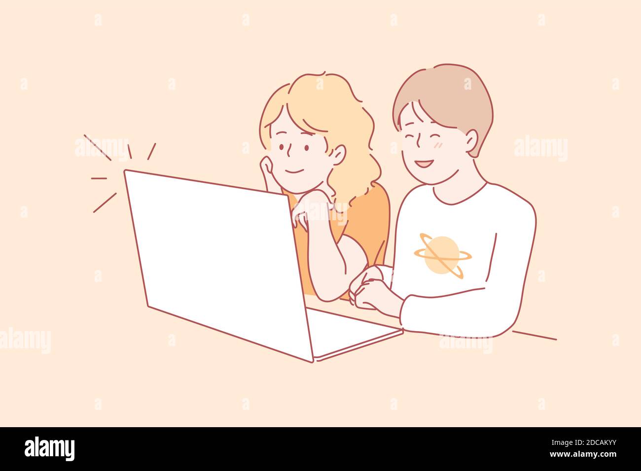 Children watching videos concept. Young happy captivated boy girl ...