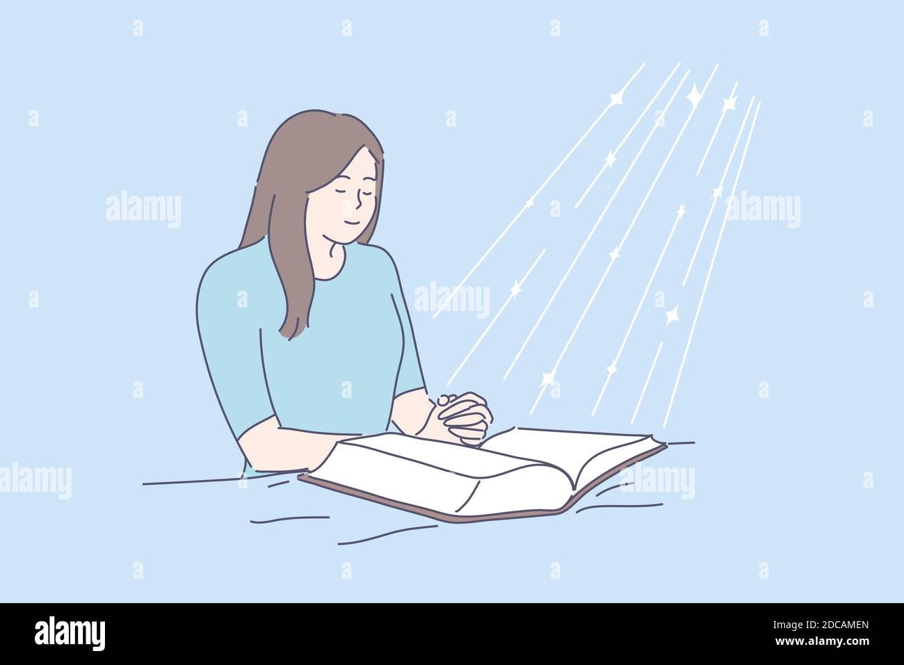 Prayer, blessing, religion, Bible, faith concept. Young happy religious ...