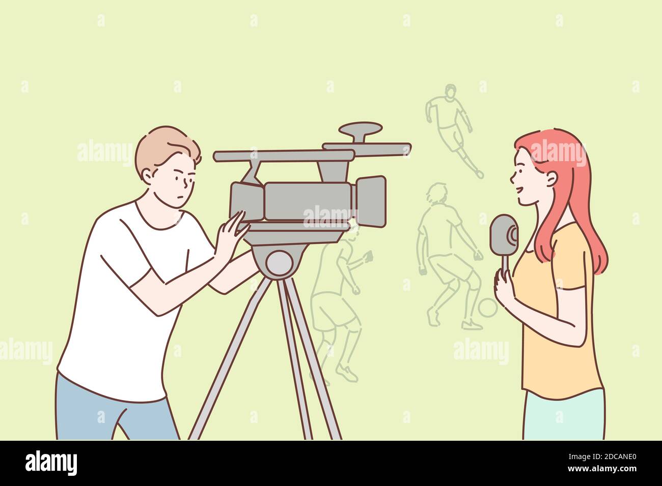 News, reportage, journalism, sport concept. Young team woman reporter ...