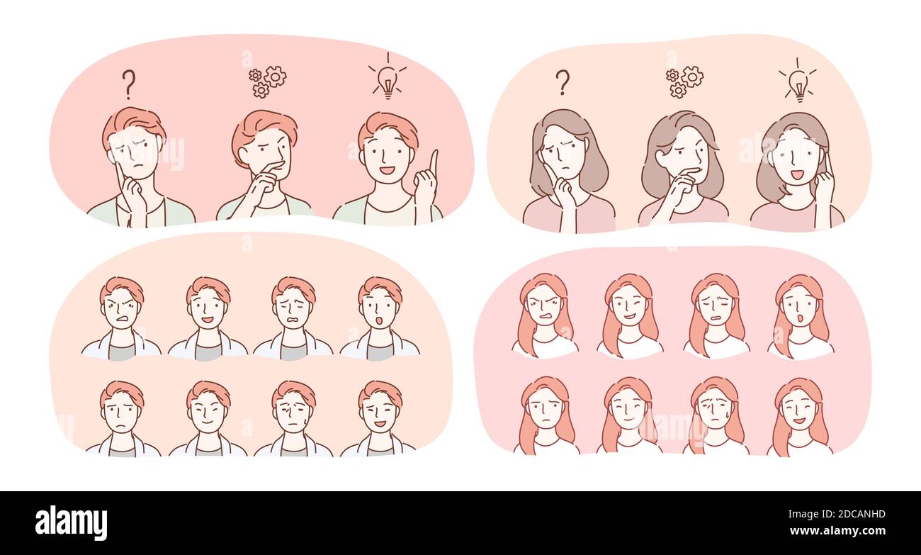 Emotions, facial expression variety concept. Male and female face with ...