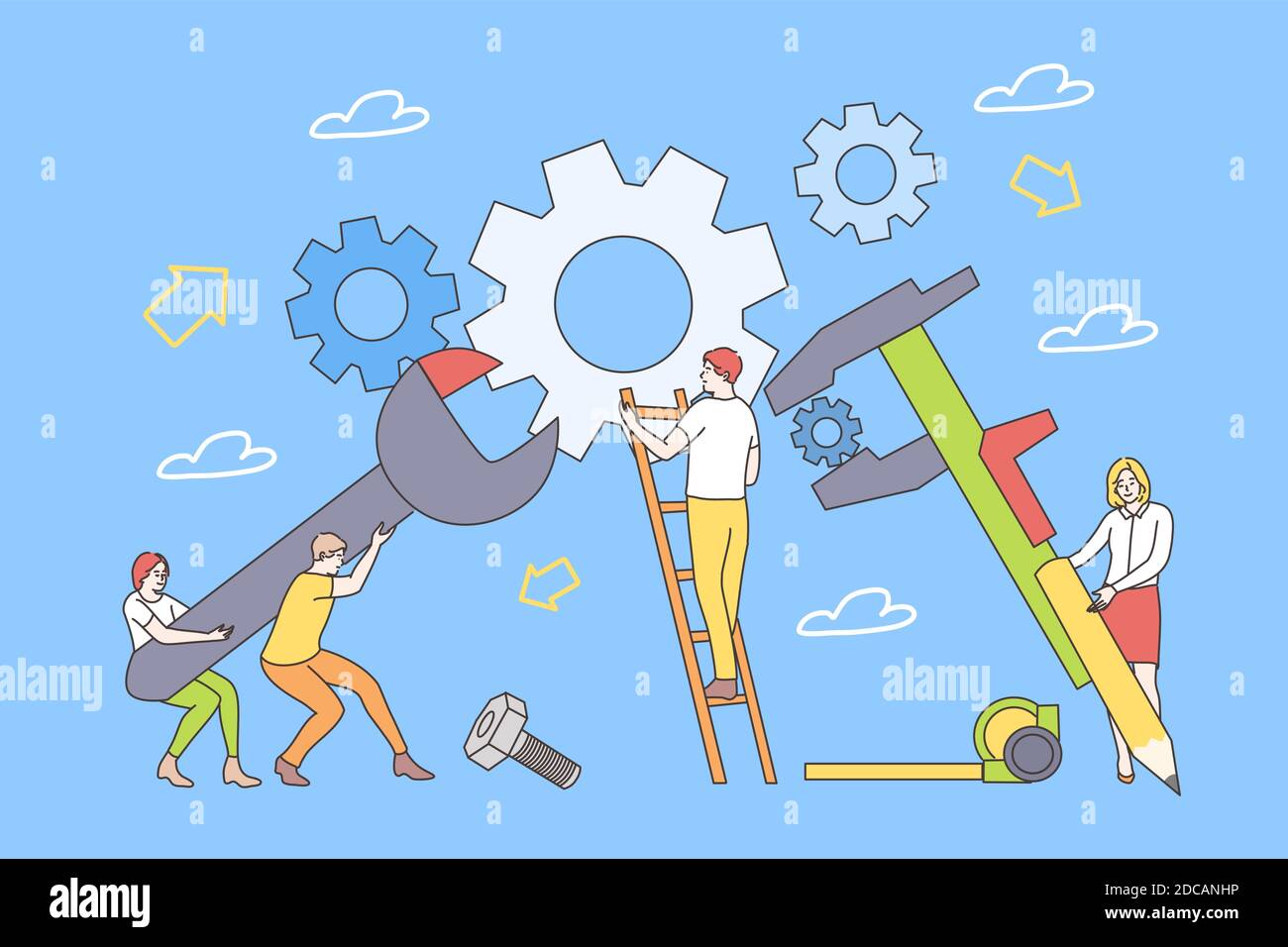 Education, training, repair, teamwork concept. Young team men women ...