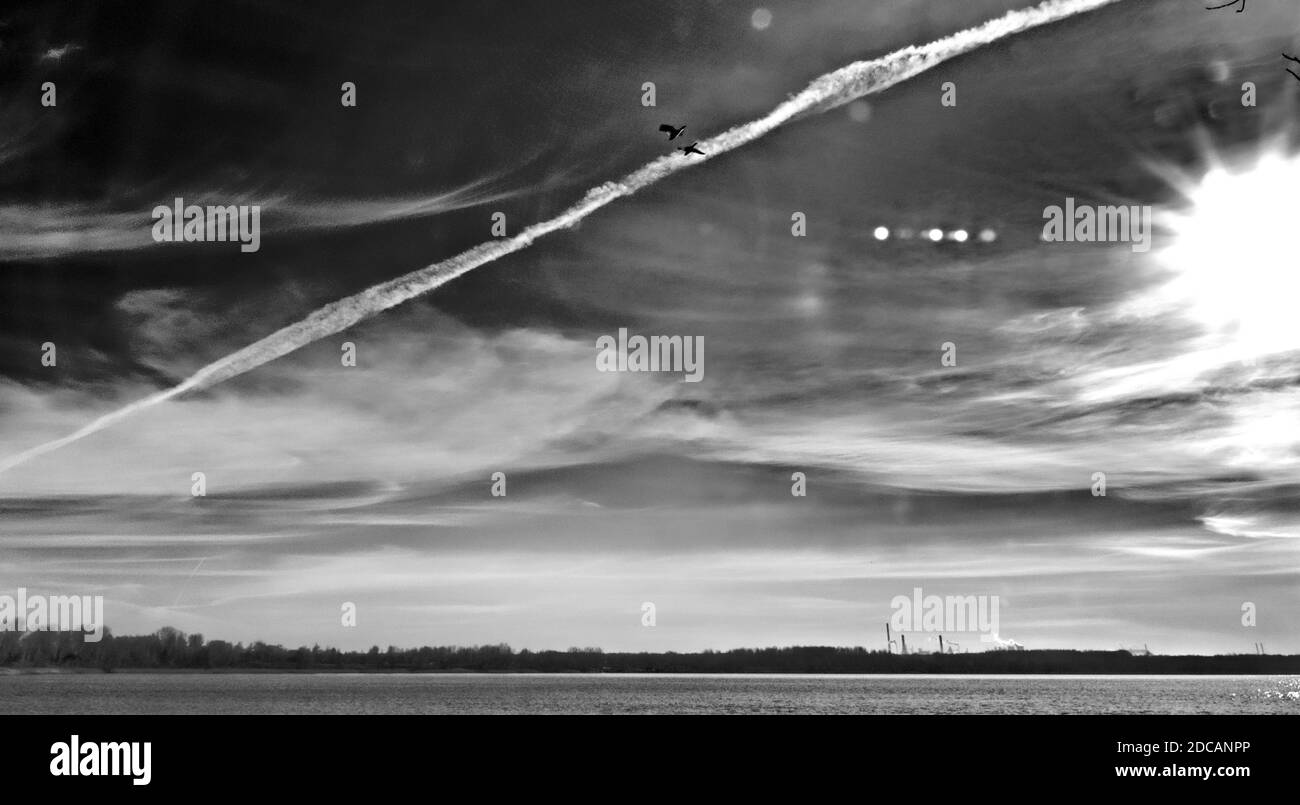 Black and white landscape with sky and sun Stock Photo - Alamy